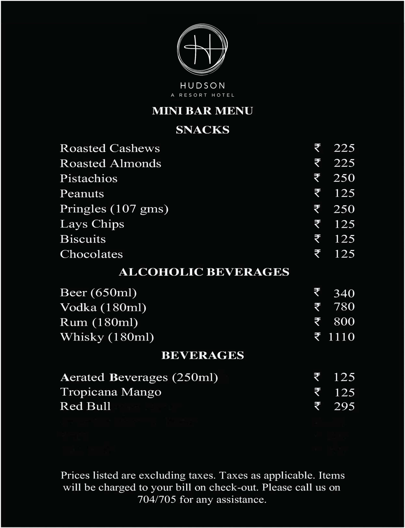 Mini Bar Menu - Hudson Resorts | Oragadam Hotels Chennai ...